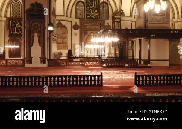 Interior of giant historic great mosque.Minaret masjid mystical god ...