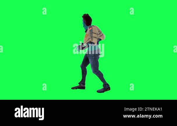 Blue 3D warrior character flipping around and talking from right angle ...