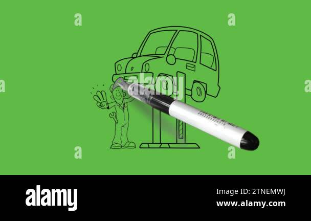 draw mechanic repair car lift up on jeck with his tools and instruments ...