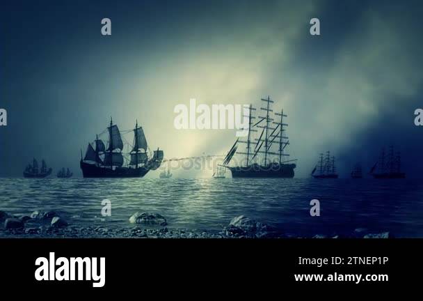 Naval Sea Battle Between Two Navy Fleets of Sailing Ships Shooting Each ...