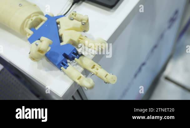 A human and a bionic hands lying beside each other. Top view. Man with ...