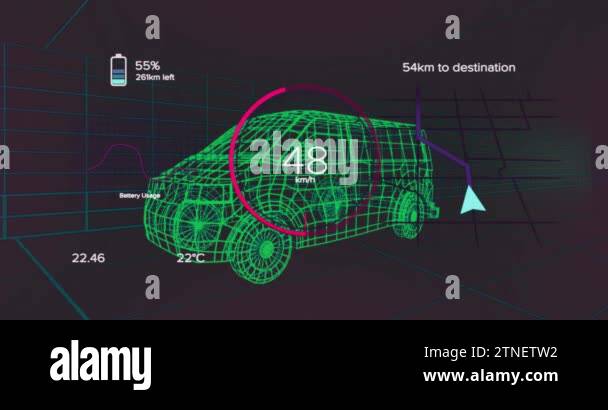 Animation of changing numbers in circles, battery icons, arrow on map pattern over 3d model of ...