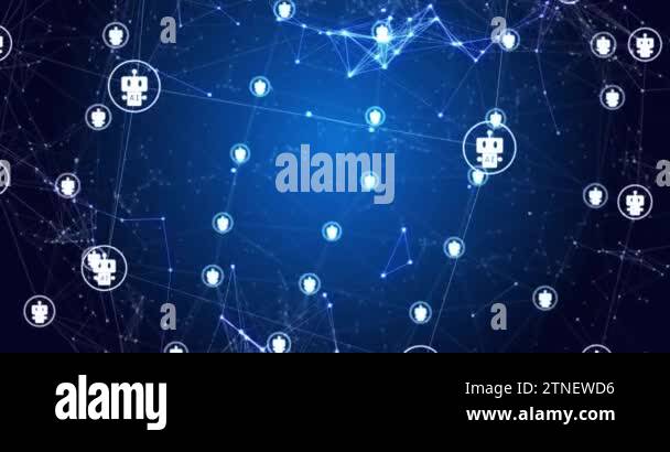 Animation of dots and robot icons connecting with lines and moving on abstract background ...