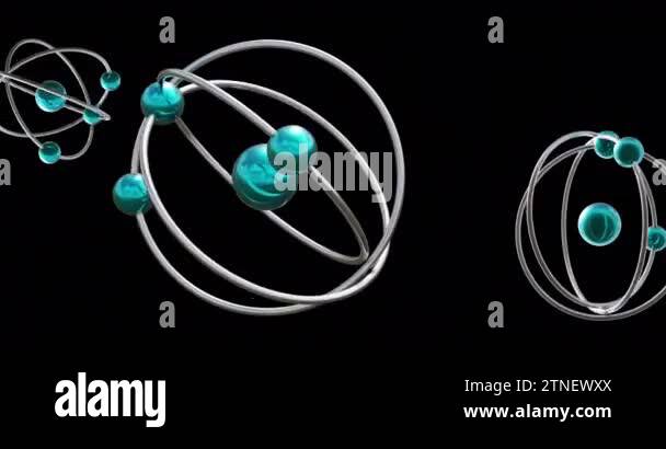 Animation of atom models spinning on black background. Global science ...