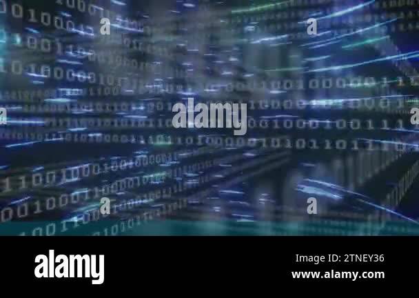 Animation of looping binary codes and circular beam pattern over black background. Digitally ...