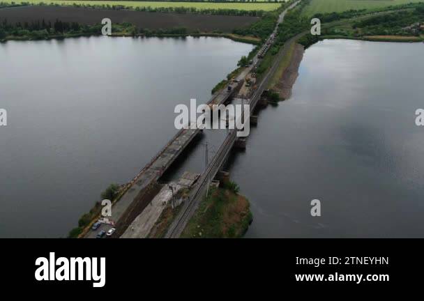 Pontoon bridge of the Ukrainian army. Installation of a temporary ...