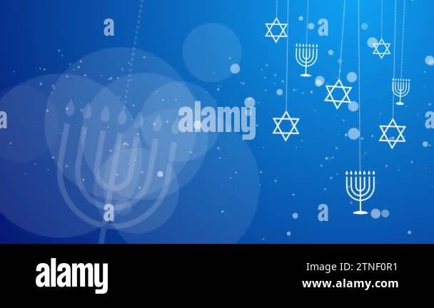 White animated graphic icons symbols of Judaism on blue abstract ...