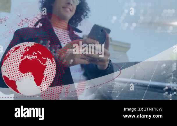 Animation of globes and computer language over low angle view of biracial man using cellphone ...