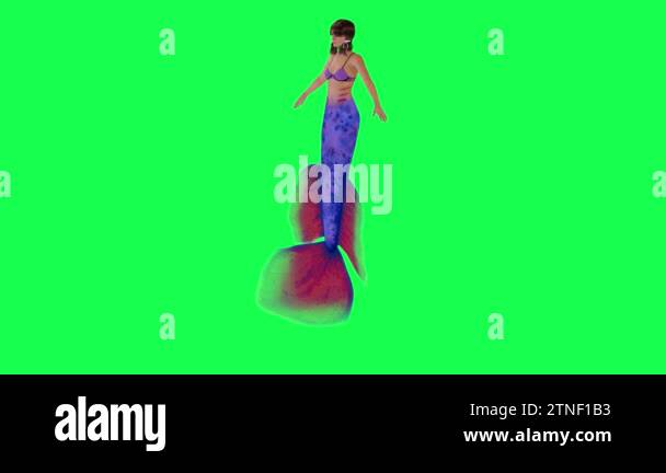 Magical sad mermaid standing looking forward from right angle on green ...