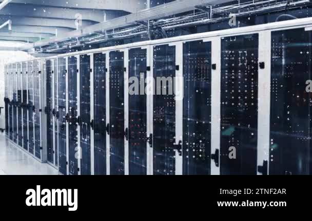 Animation of dots and lens flares over viewfinders on data server rack ...