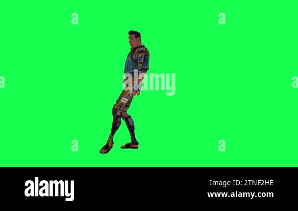 Dancing happy tall man in blue dress and green pants from right angle ...