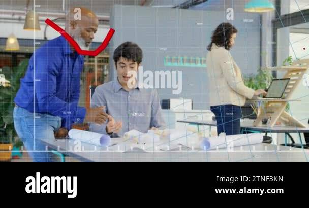 Animation of graph, mathematical equations, diagram, diverse architects ...