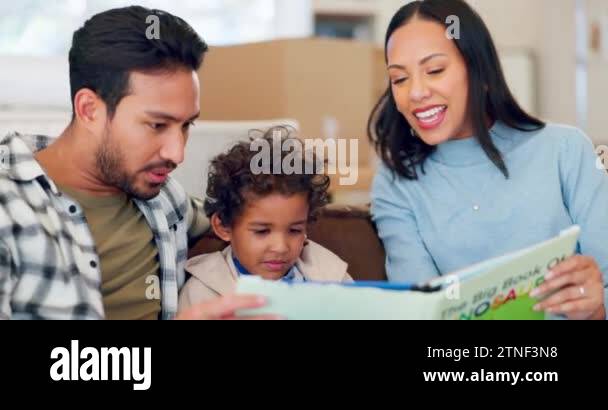 Happy parents, child and reading books in home for learning, language ...