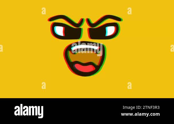 Angry face emoticon with glitch effect on yellow background, Cartoon ...
