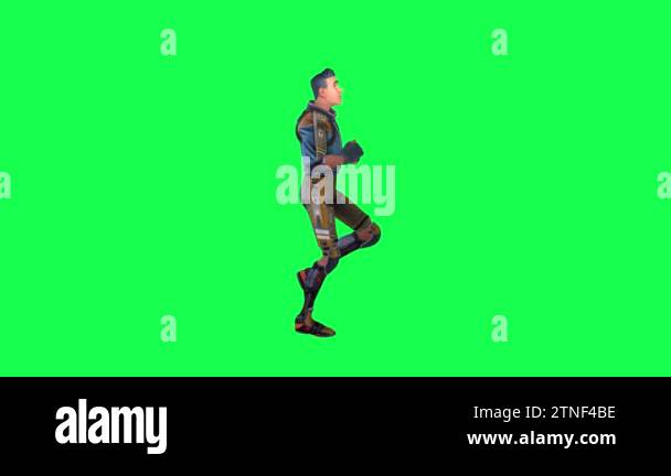 Animated warrior man running from left angle on green screen, 3d people ...