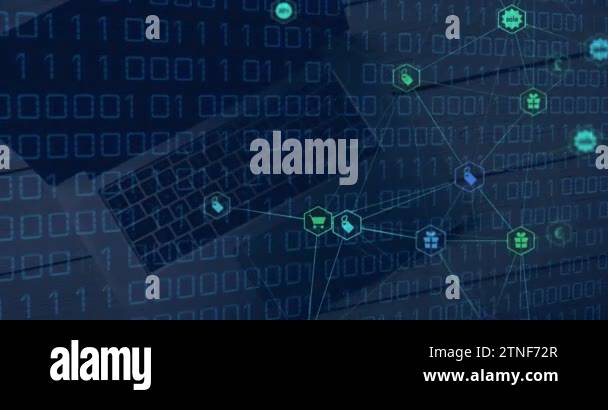 Animation of connected icons and looping binary codes, overhead view of laptop on wooden table ...