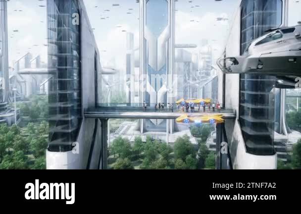 Futuristic city. 3d people and robots. Future concept. Realistic 4k ...