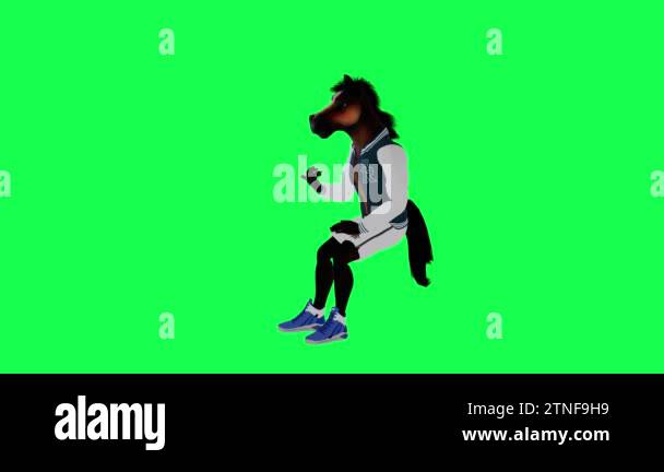 3D anthropomorphic horse calls his friend and talks to him. Right angle ...