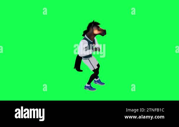 Magical 3D anthropomorphic horse dancing madly from left angle on green ...