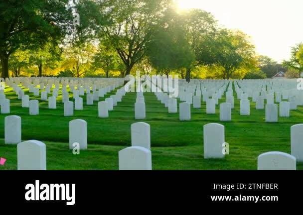Field of American flags at Sunset. Flags on grave stones for memorial ...