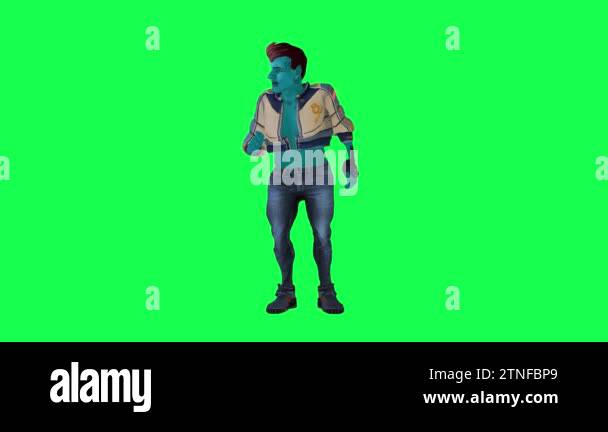 Blue 3D animated man talking sneakily from opposite angle on green ...