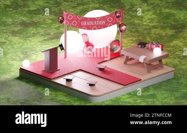 3D loop low poly contemporary space with red carpet leading to podium ...