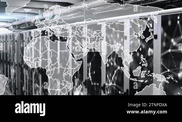 Animation of map over connected dots on server racks of server room ...