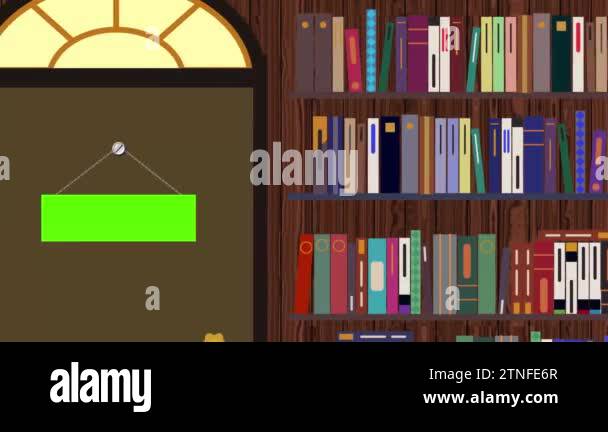 Cartoon Library with a Green Door Sign Book Shelves and Computers with ...