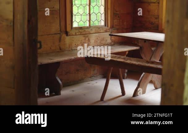 Swiss Chalet interior, close-up of wooden furniture, chair and table ...