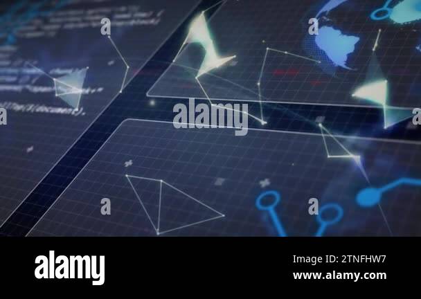 Animation of globes over connected dots and computer language against lens flares. Digitally ...