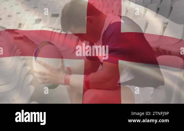 Animation of england flag over caucasian male player with rugby ball ...