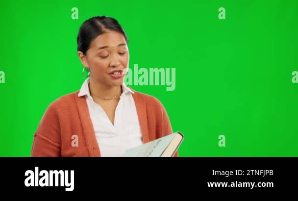 Woman, presentation and biology textbook, green screen with mockup space and teaching on studio ...