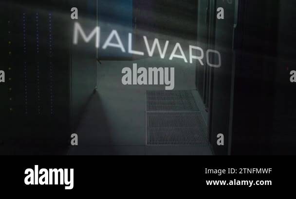 Animation of malware text in circuit board pattern over server room in ...