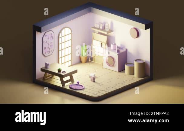 3D animation loop low poly of light laundry with violet walls washing ...