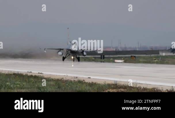 Turkish Air Force F-16 Fighting Falcon Takes Off from Konya Air Base in Turkey. Rare frontal ...