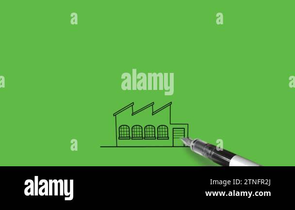 draw huge industrial building blowing smoke out from chimneys with ...