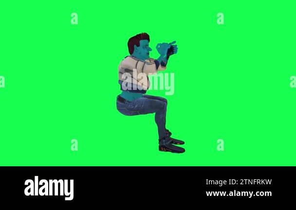 3D blue animated giant cheering friends from left angle on green screen ...