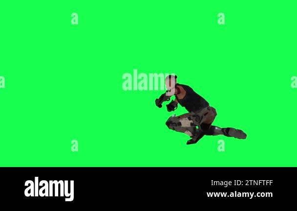 3d warrior man fighting and punching from right angle on green screen ...