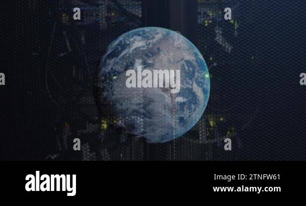 Animation of rotating globe over illuminated back panel of server rack in server room. Digital ...