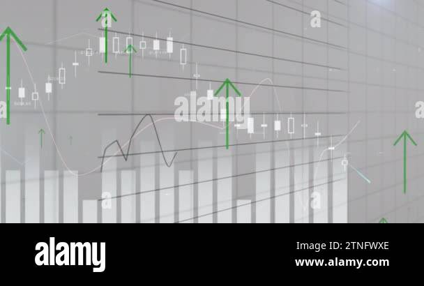 Animation of arrows over multiple graphs with changing numbers against gray background. Digital ...