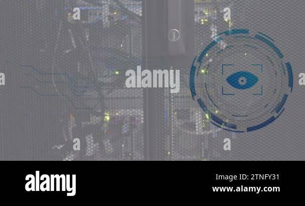Animation of viewfinder and eye in loading circles over illuminated data server racks. Digital ...
