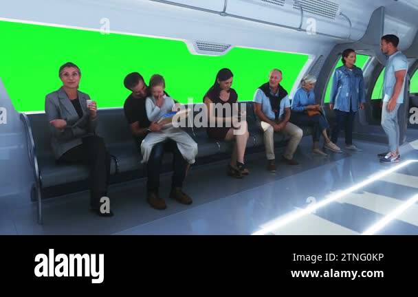 3d people and robots. Flying passenger train. Utopia. concept of the ...