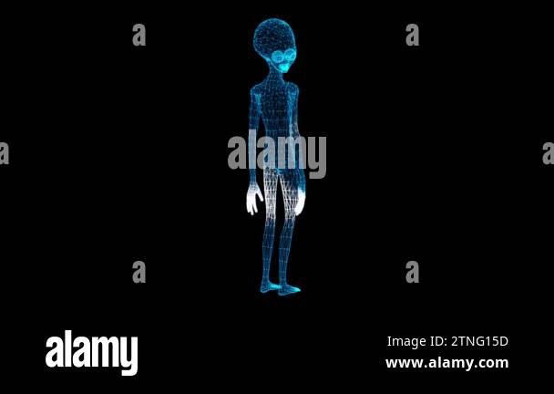 3D Alien rotates on black bg. Green Man Scan. UFO futuristic concept ...