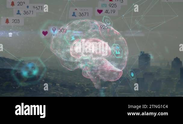 Animation of social media icons over spinning human brain icon against ...