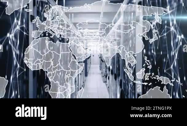 Animation of map and connected dots on server racks in server room ...