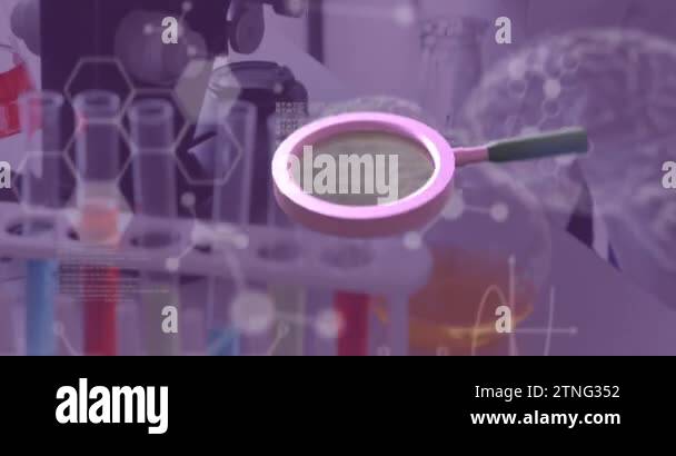 Animation of magnifying glass and dna strand diagrams over caucasian ...