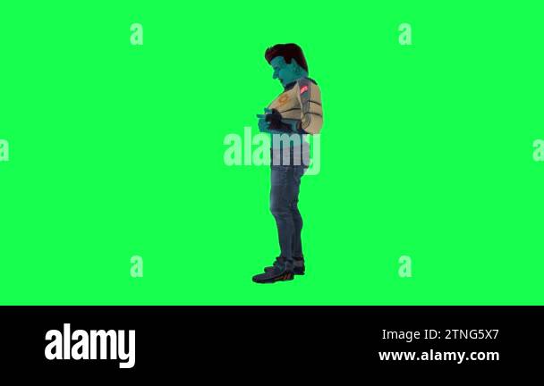 3D animated dangerous man working with mobile from right angle on green ...