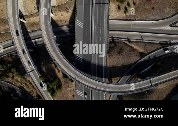 Aerial drone top down of elevated highway junctions and interchange ...