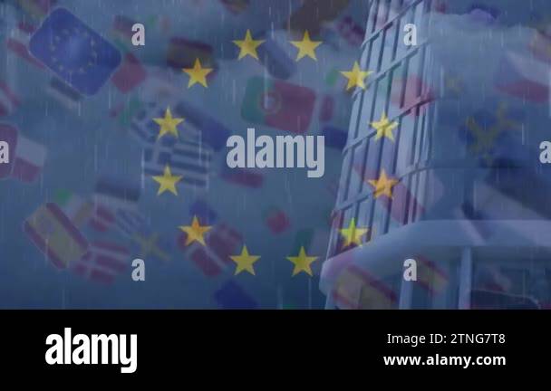 Animation of european union flag and various national flags over ...