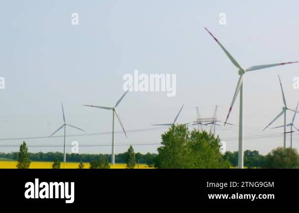 Wind turbine on grassy yellow farm canola field against cloudy blue sky ...